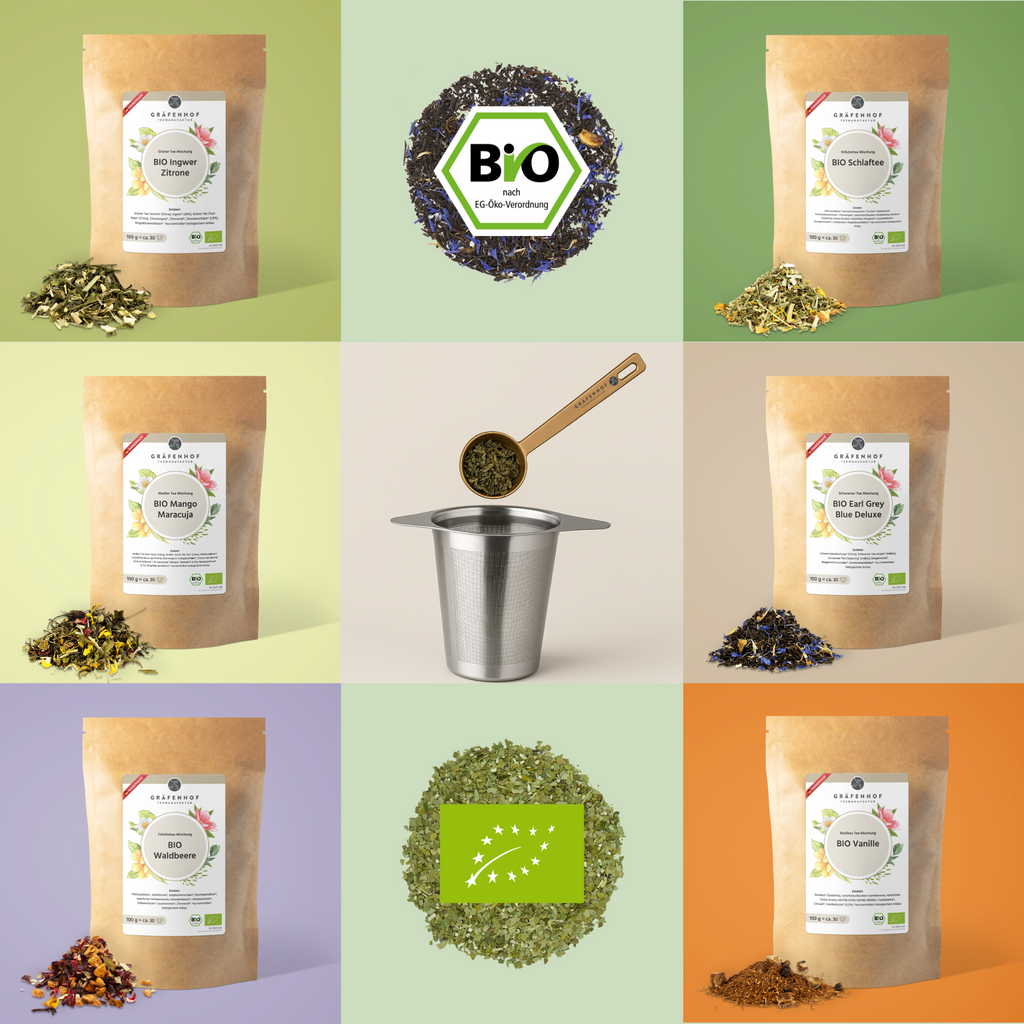 Bio Tee Kennenlernset – 6 Bestseller + Zubehör gratis – Gräfenhof Tee